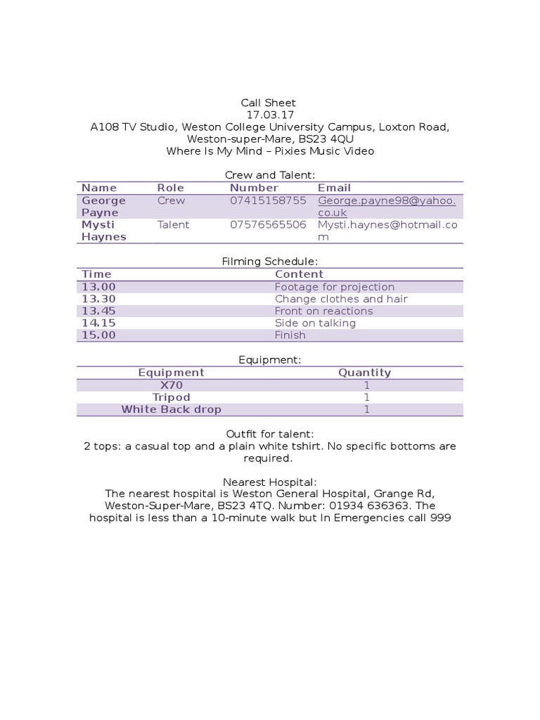 Call Sheet | PDF