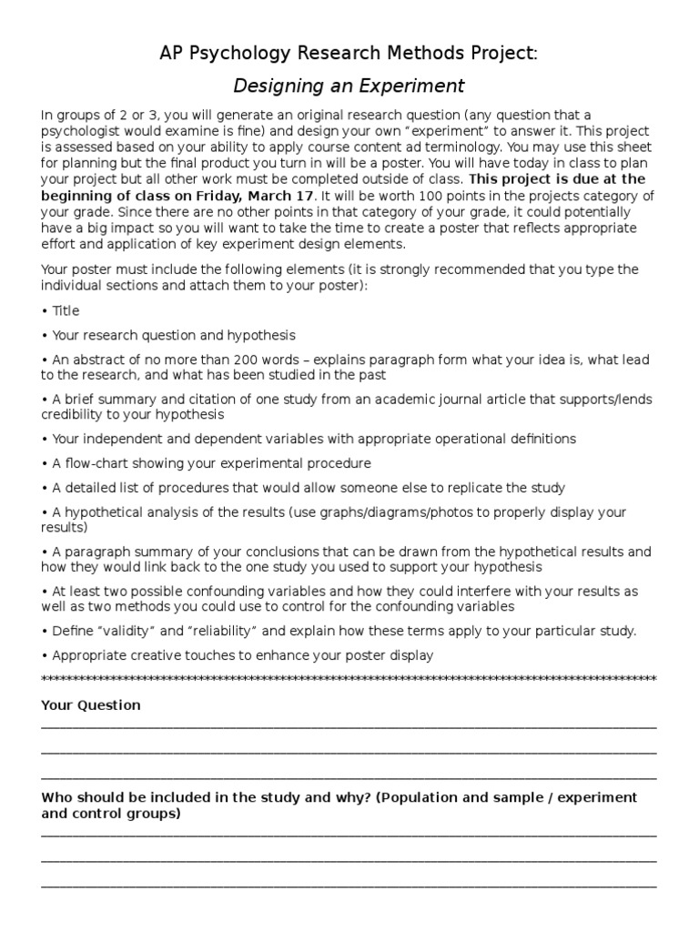 Ap Psychology Research Methods Project | PDF | Experiment | Psychology