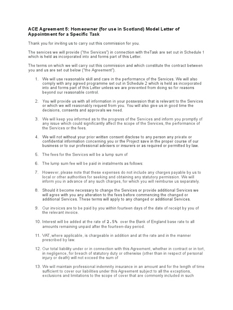 ACE Agreement 5 - Homeowner (For Use in Scotland) Model Letter of ...