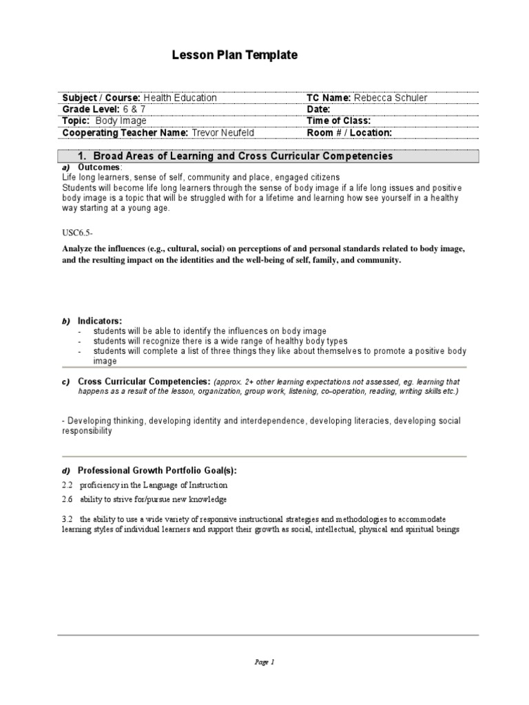 Body Image Lesson Plan | PDF | Educational Assessment | Curriculum