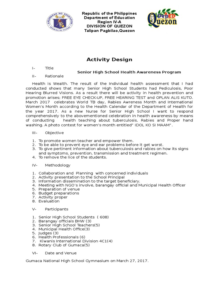 Activity Design MARCH GNHS | PDF | Tuberculosis | Wellness