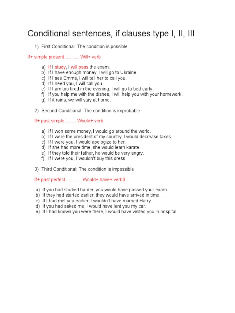Conditional Sentences, If Clauses Type I, II, III: If+ Simple Present ...