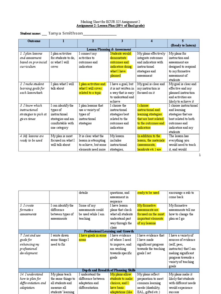 Assignment 2 Lesson Plan Marked Rubric | PDF | Educational Assessment ...
