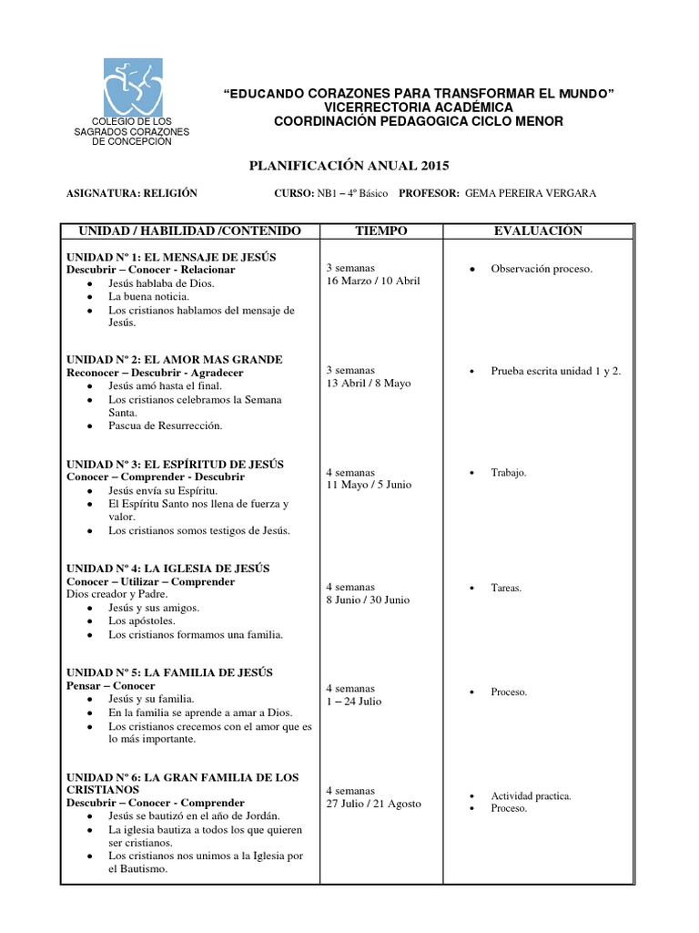 Plan Anual Religion Cuartos Basicos | PDF | Jesús | Bautismo
