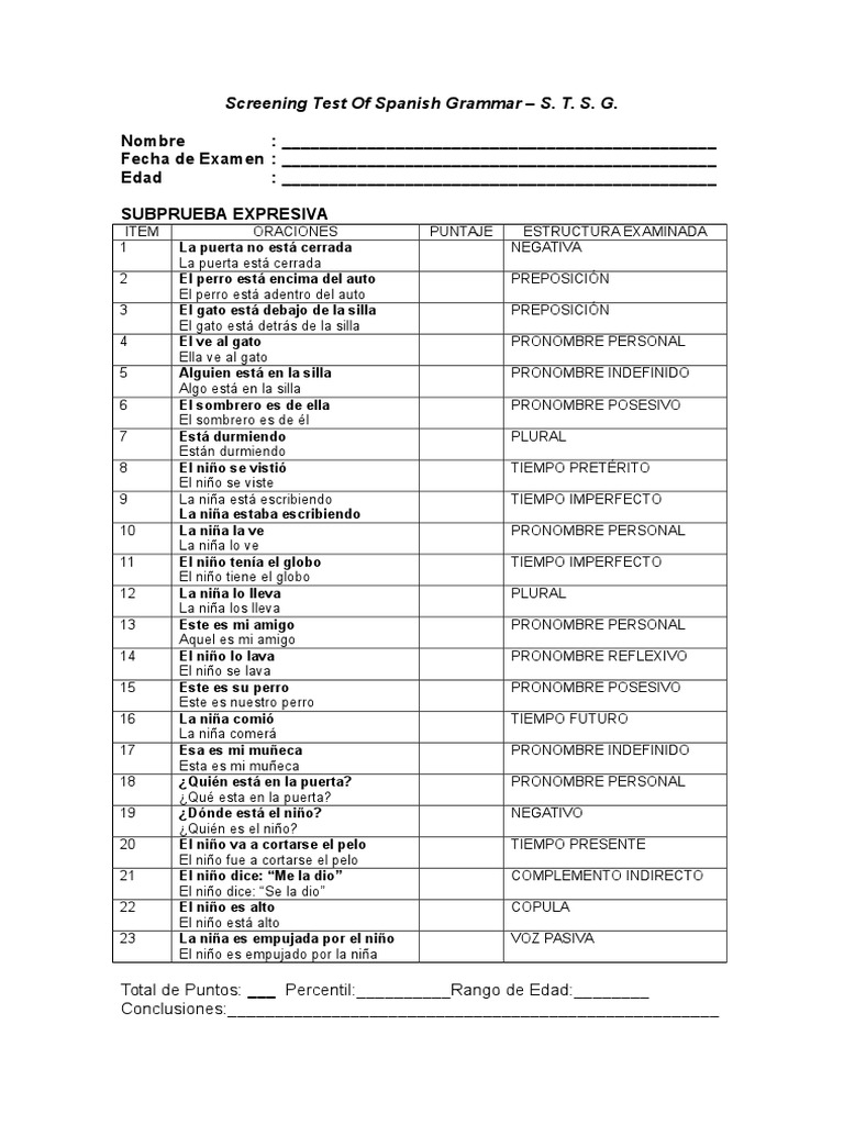 Screening Test of Spanish Grammar (Protocolo Con Item A Eval | PDF ...