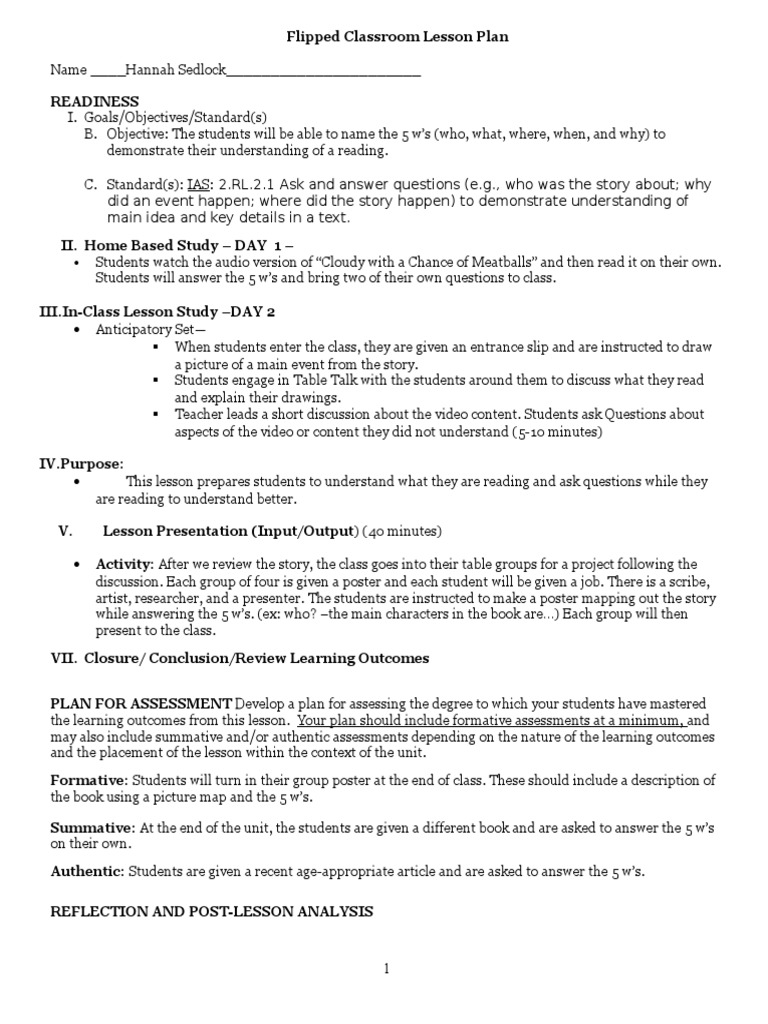 Edu 200 Flipped Classroom Lesson Plan Template Educational Assessment