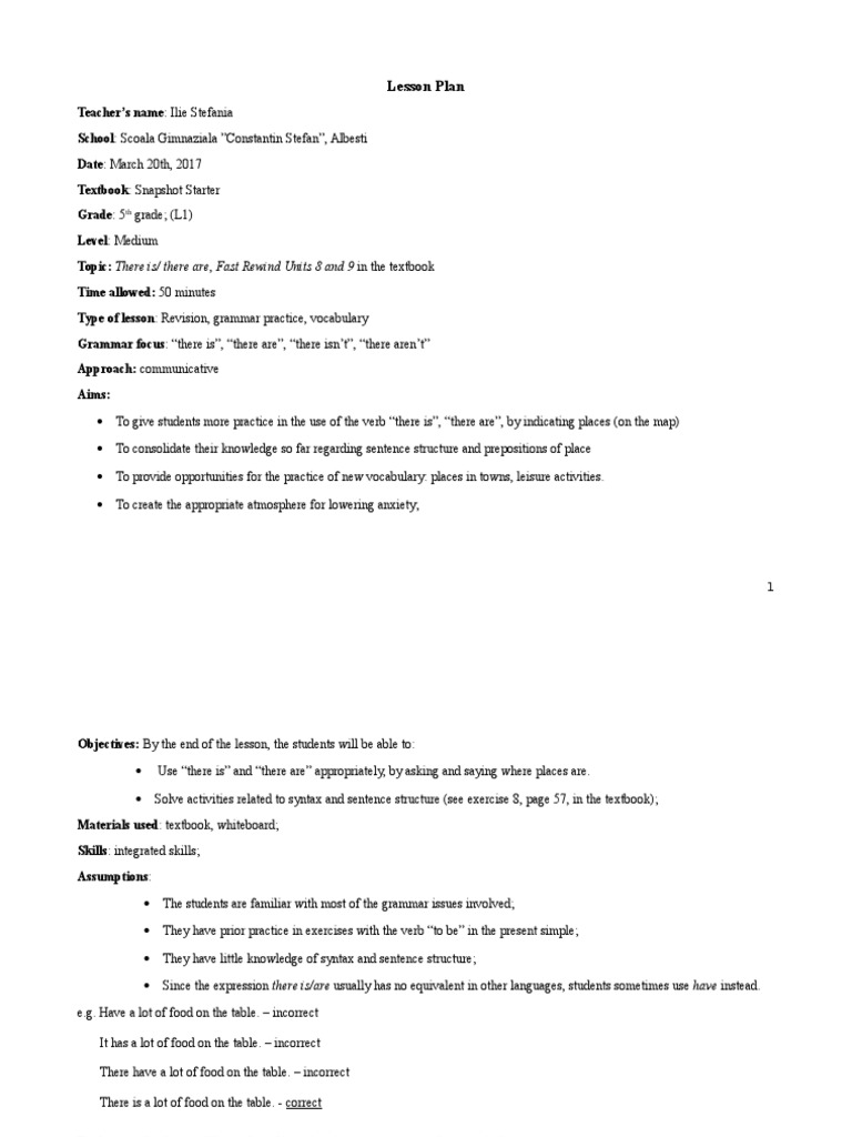 Grade 5 Lesson Plan: There Is/Are | PDF | Syntax | Lesson Plan