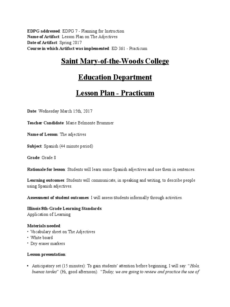 Practicum - Lesson Plan 3 - Adjetivos | PDF | Lesson Plan | Grammatical Gender