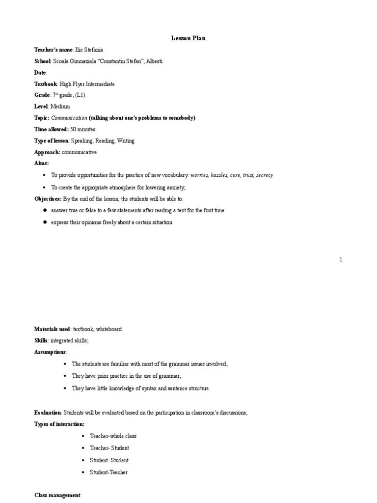 Plan Lectie 7-A Communication | PDF | Lesson Plan | Reading Comprehension