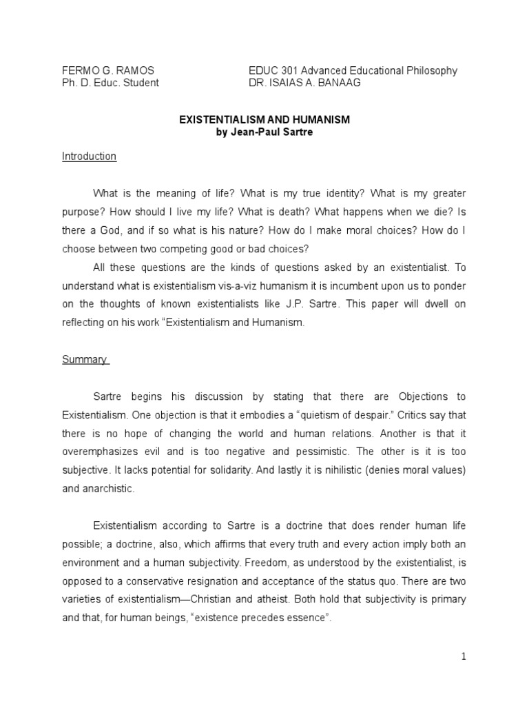 Sartre's Existentialism and Humanism Analysis | PDF | Existentialism ...