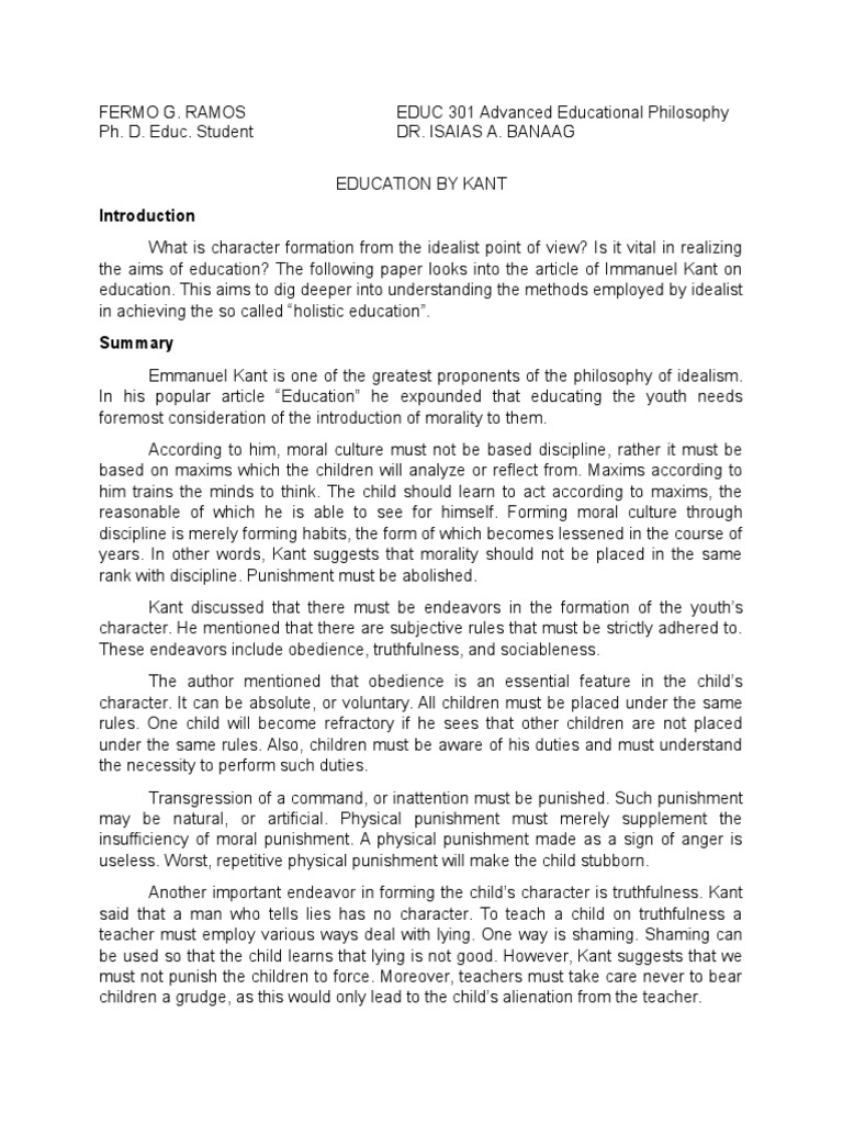 Kant's Philosophy of Character Education | PDF | German Idealism ...