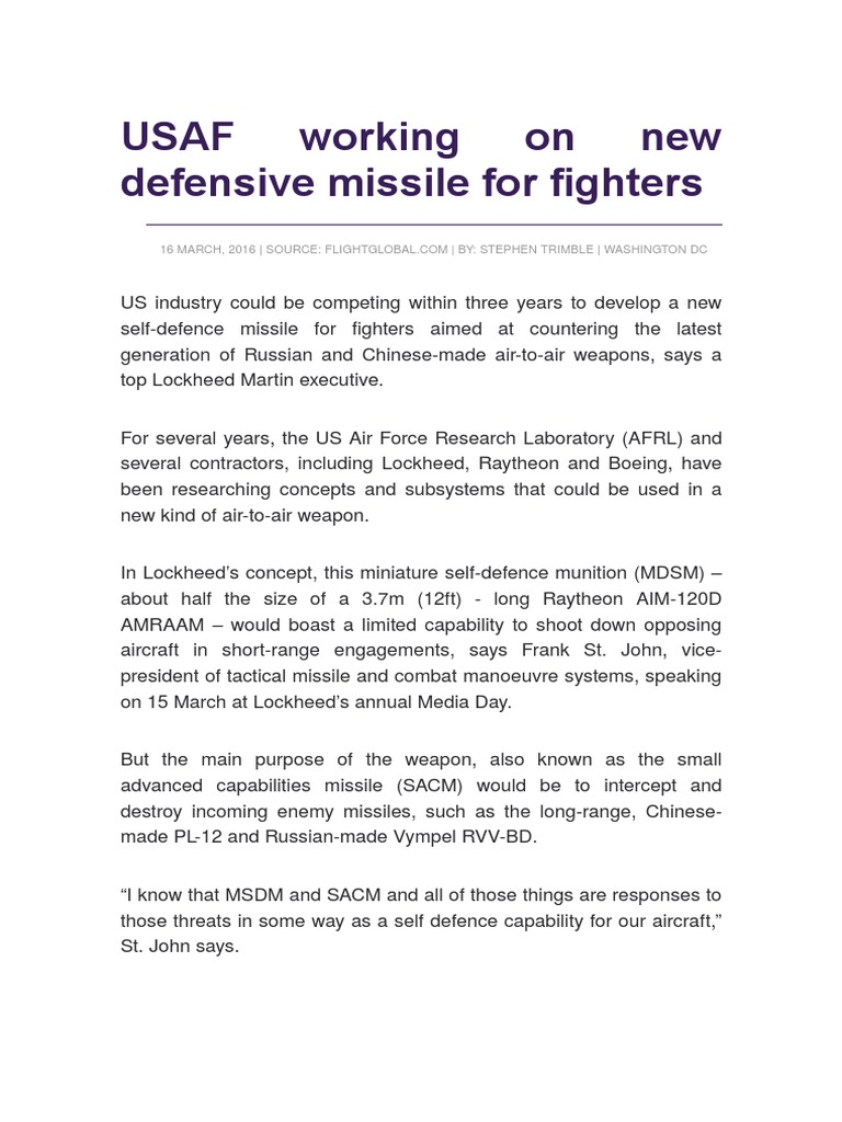 USAF Working On New Defensive Missile For Fighters | PDF | Missile ...