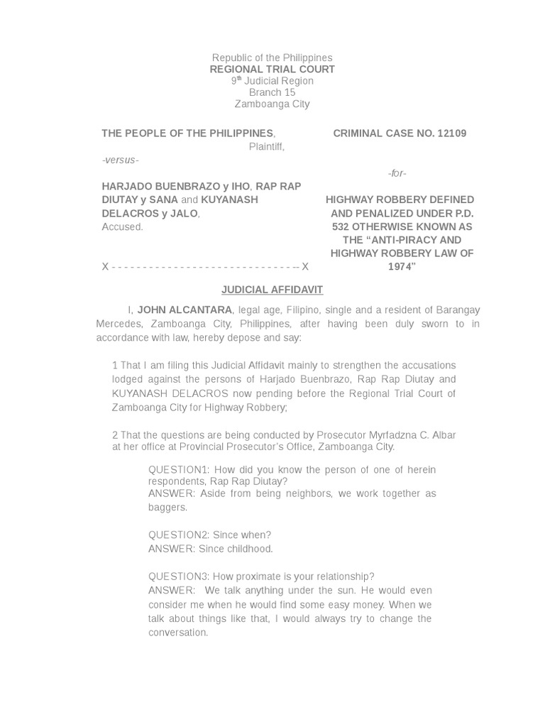Judicial Affidavit: Highway Robbery | PDF | Affidavit | Government Information
