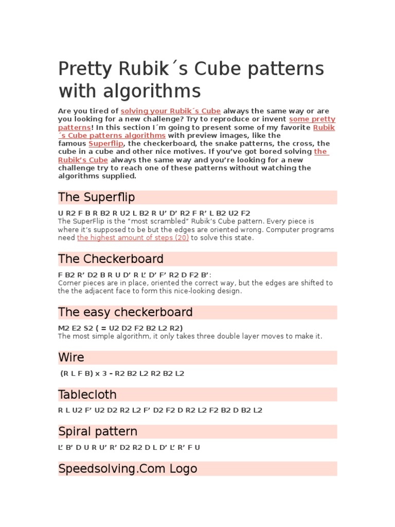 Pretty Rubik S Cube Patterns With Algorithms | PDF | Recreational ...