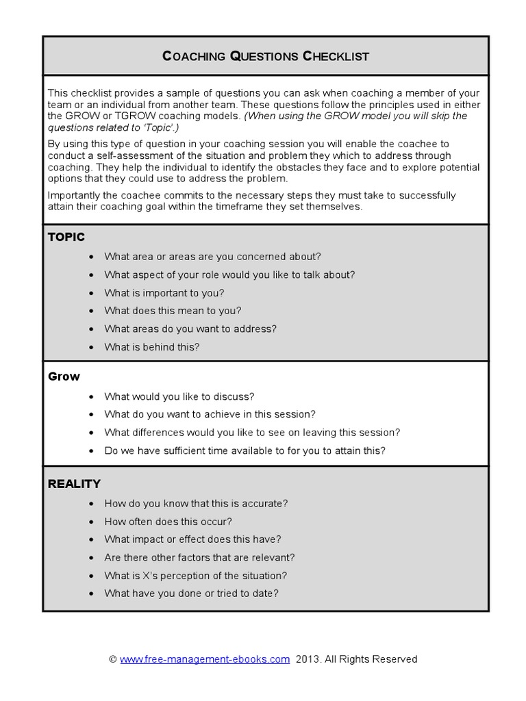 Fme Coaching Questions Checklist | PDF | Career & Growth