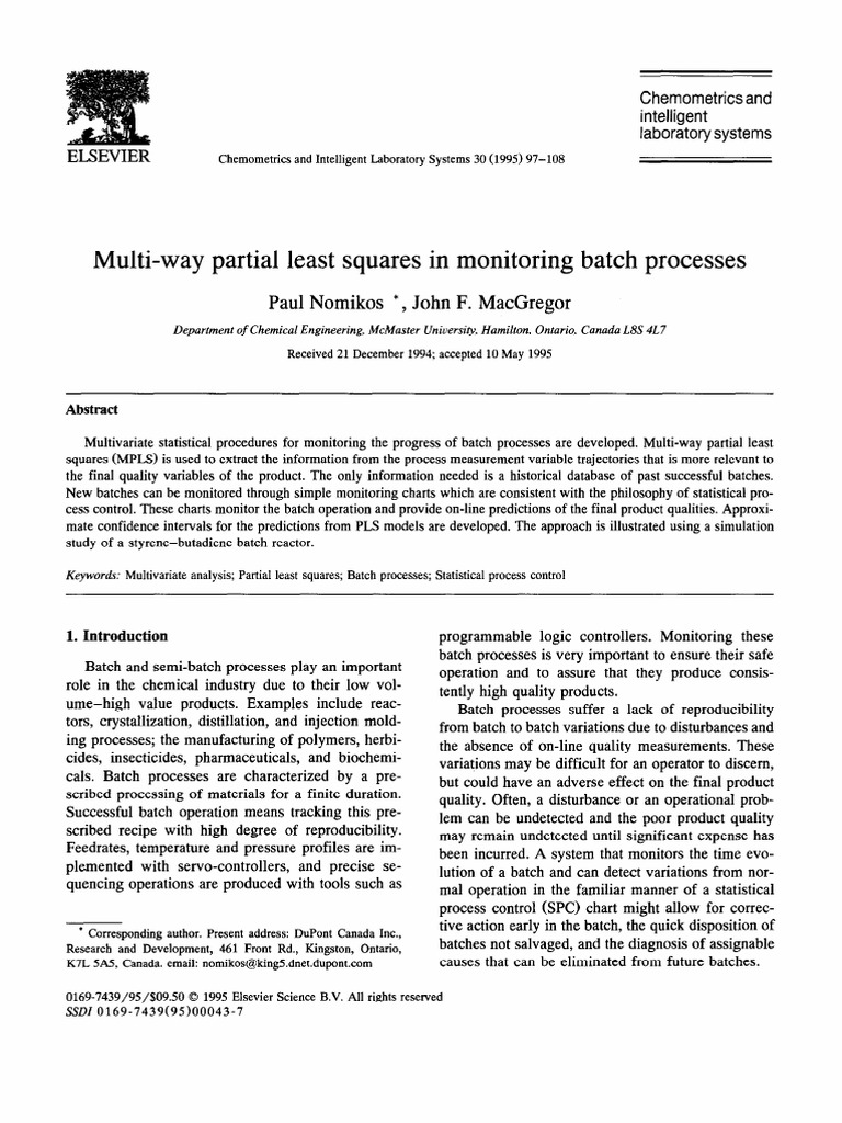 Multi-Way Partial Least Squares in Monitoring Batch Processes | PDF | Errors And Residuals ...