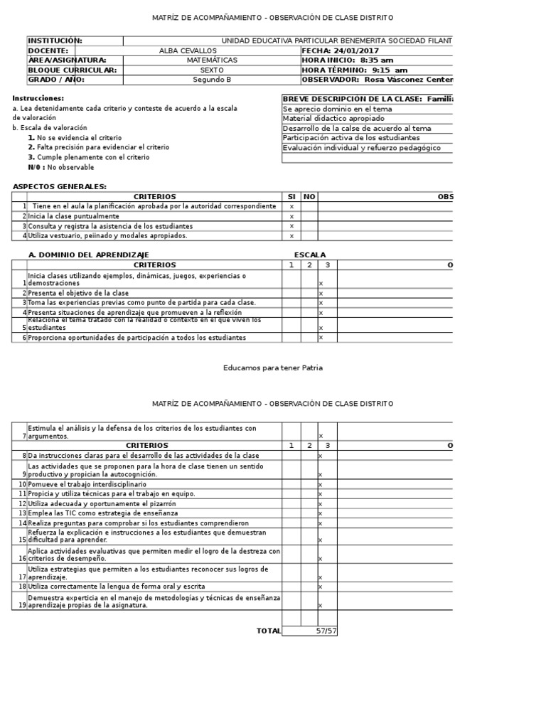 MATRIZ de Observacion 2do B | PDF | Salón de clases | Aprendizaje