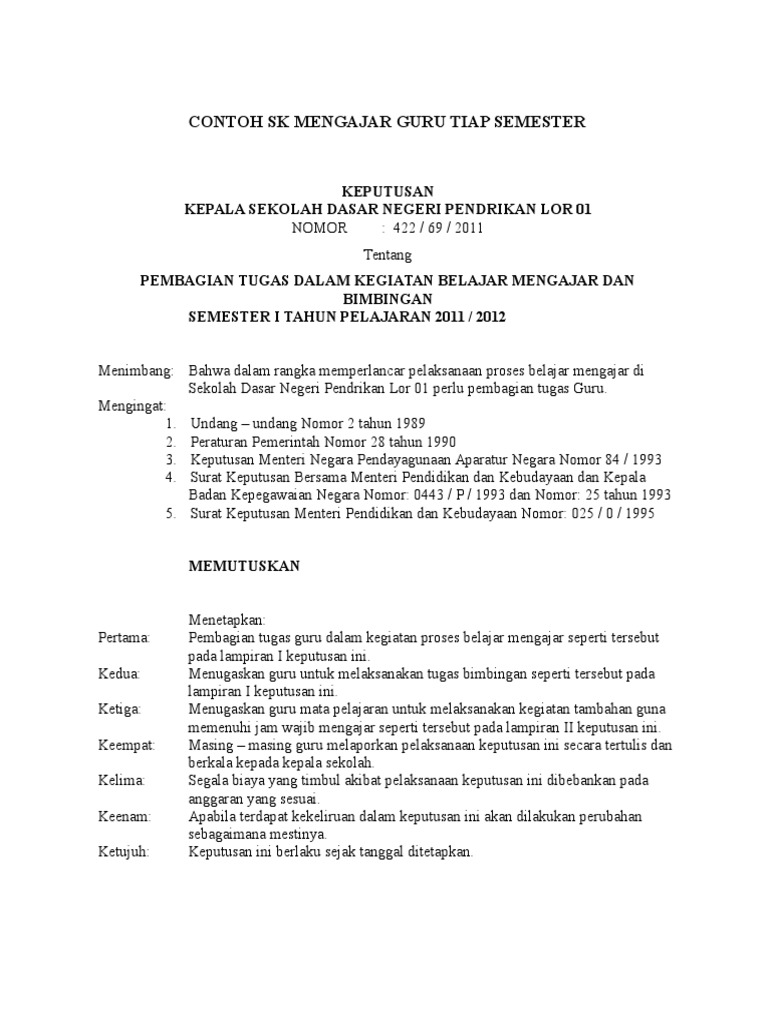 Contoh SK Mengajar Guru Tiap Semester | PDF