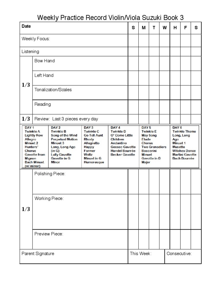 Weekly Practice Record: Suzuki Book 3 | PDF | Classical Music | Musical ...