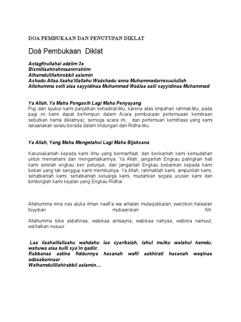 Doa Pembukaan Dan Penutupan Diklat | PDF