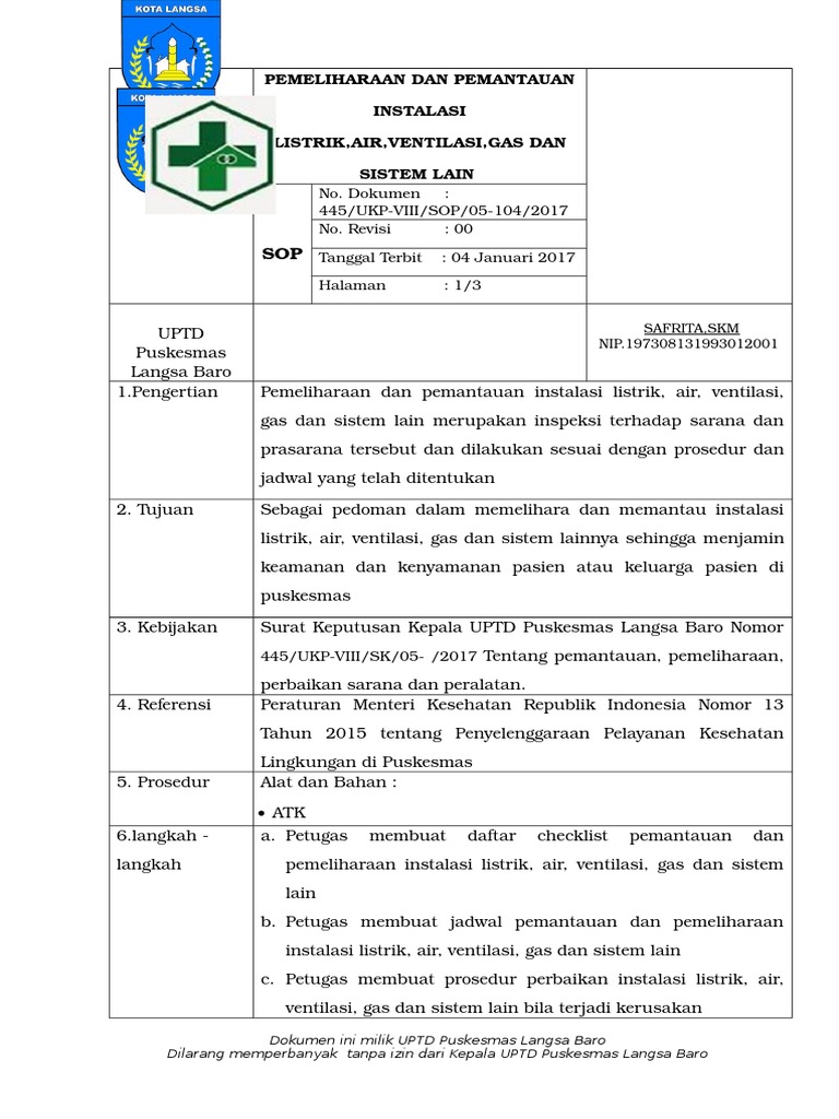 8.5.1 EP2 Sop Pemeliharaan Dan Pemantauan Instalasi Listrik, Air, Ventilasi, Gas Dan Sistem Lain ...