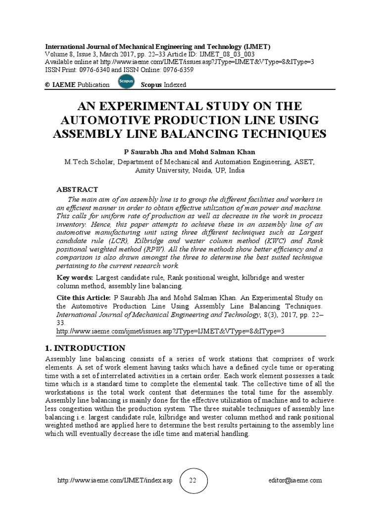 An Experimental Study On The Automotive Production Line Using Assembly Line Balancing Techniques ...