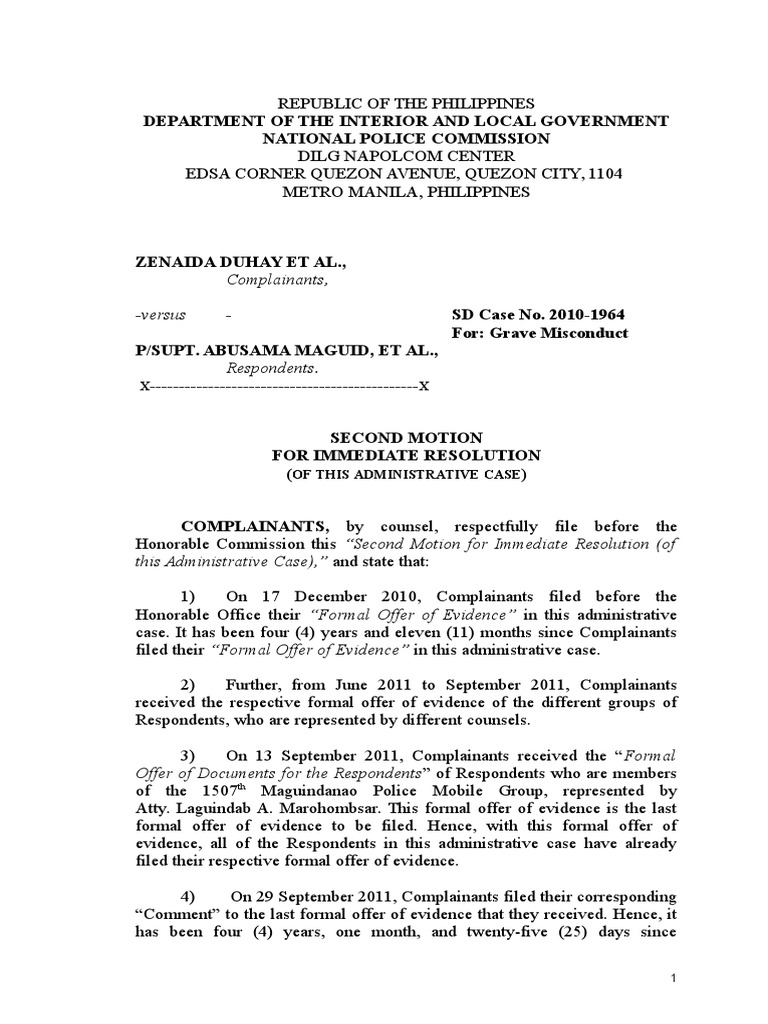 Second Motion For Immediate Resolution Duhay Et Al Vs Psupt Abusama Maguid Et Al | PDF | Metro ...