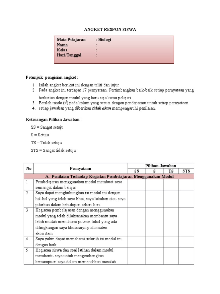 Instrumen Angket Respon Siswa | PDF | Sains & Matematika