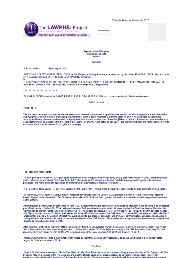 First Class Cadet Cudia v. Superintendent | PDF | Mandamus | Mootness