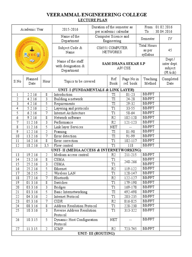 Lecture Plan COMPUTER NETWORKS | PDF | Routing | Packet Switching
