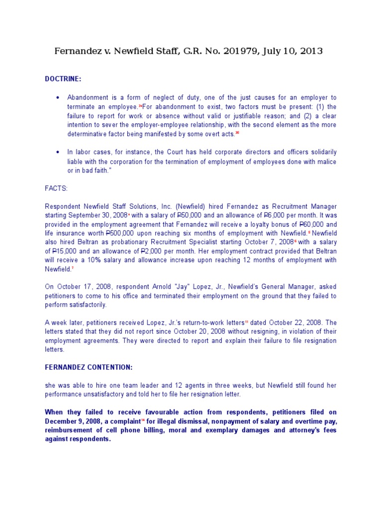 Employee Dismissal and Abandonment Case | PDF | Employment | Private Law