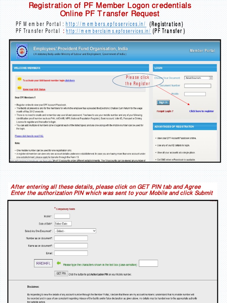 PF Member Portal: (Registration) PF Transfer Portal (PF Transfer) | PDF