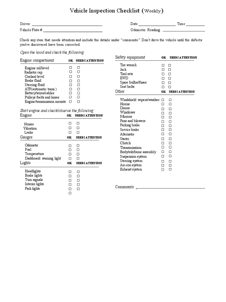 Weekly Inspection Checklist | PDF | Vehicles | Tire