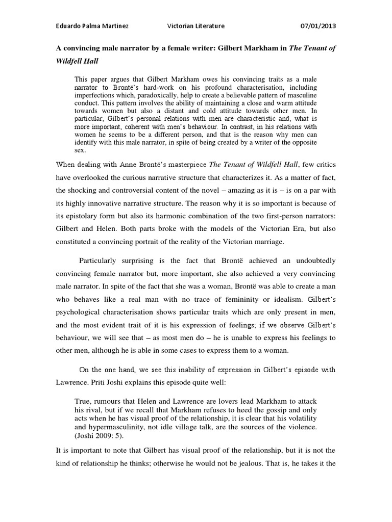 A Convincing Male Narrator: Analyzing Gilbert Markham's Masculine ...