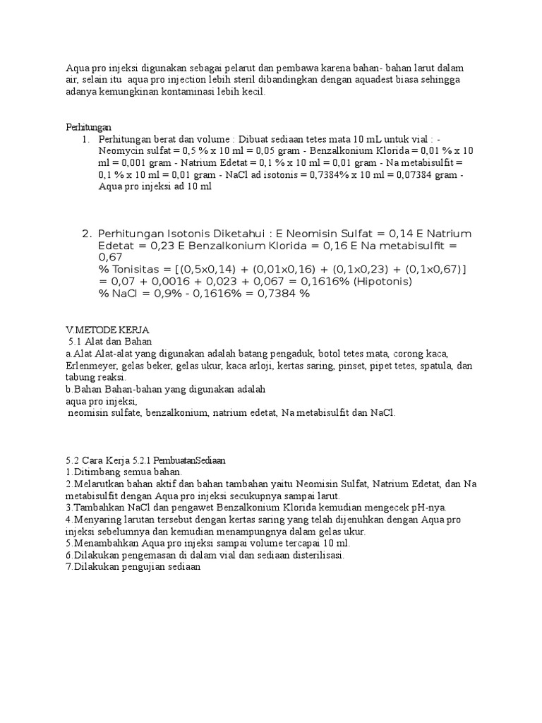 Aqua Pro Injeksi Digunakan Sebagai Pelarut Dan Pembawa Karena Bahan | PDF
