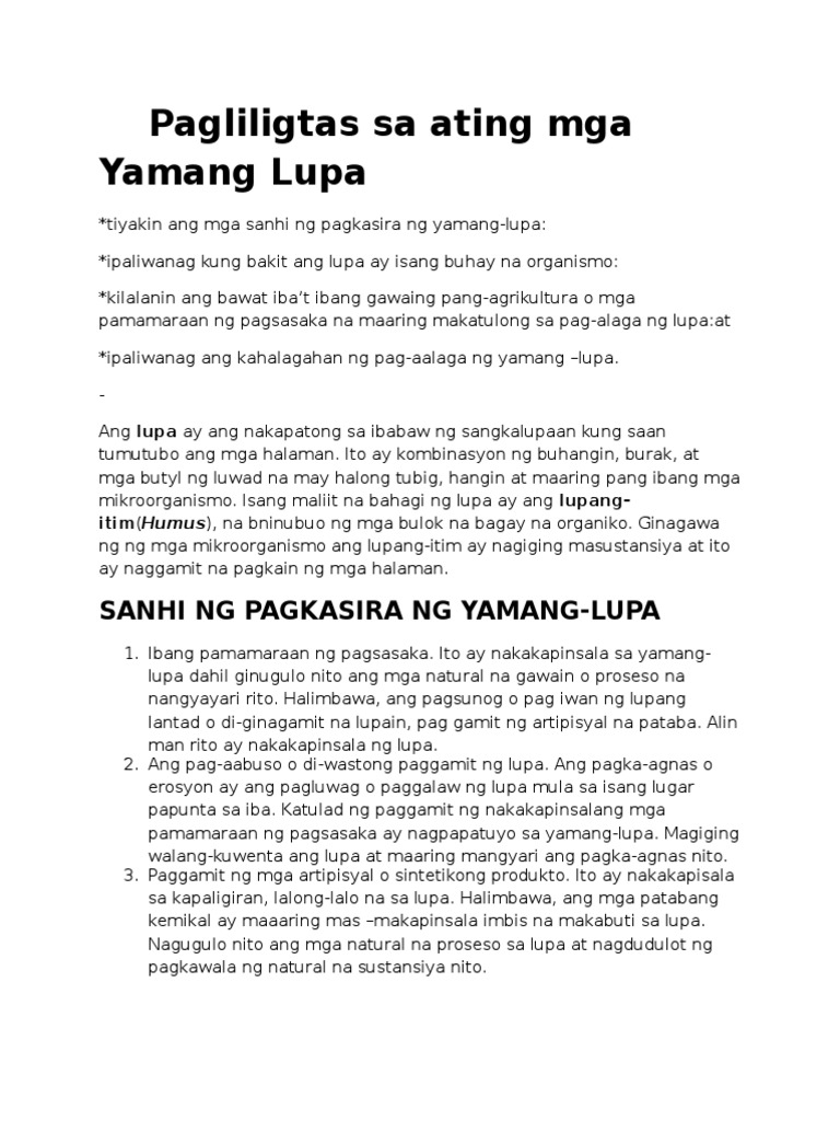 Pagliligtas Sa Ating Mga Yamang Lupa | PDF