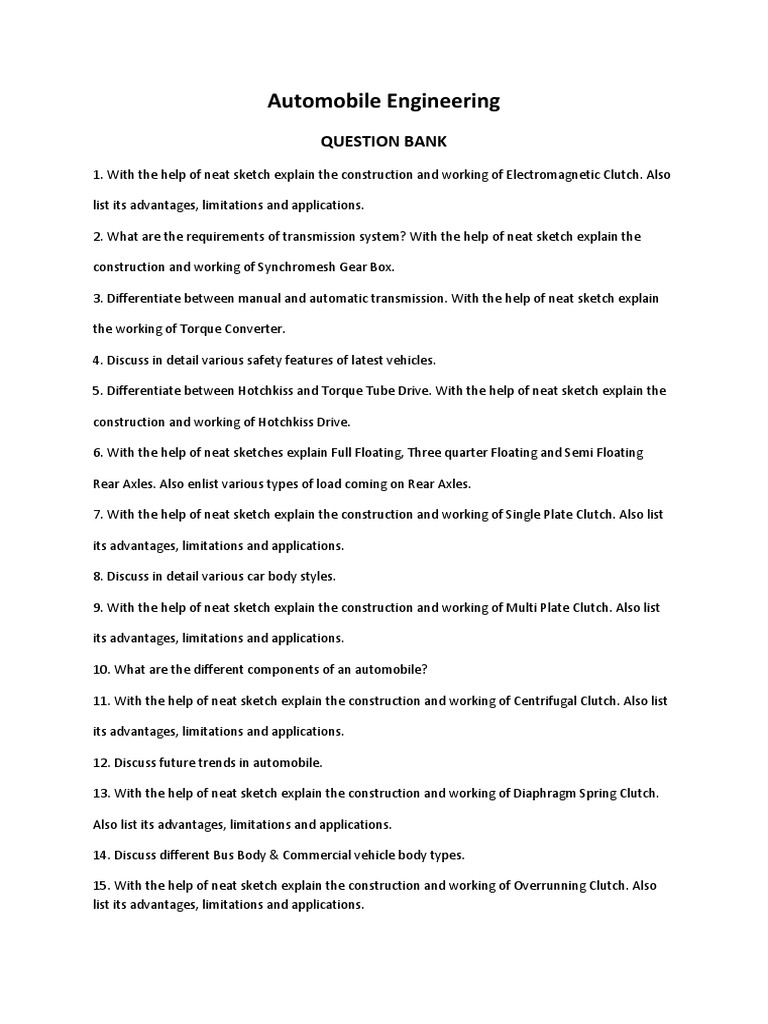 Automobile Engineering Question Bank | PDF | Steering | Transmission ...