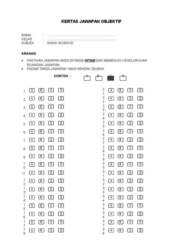 Kertas Jawapan OMR 40 Soalan Sains | PDF