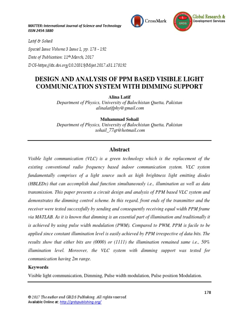 Design and Analysis of PPM Based Visible Light Communication System With Dimming Support | PDF ...