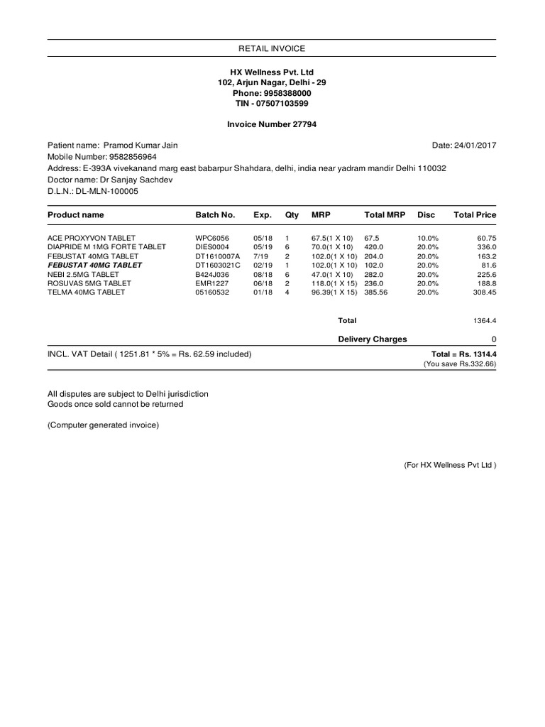 HX Wellness Pvt. LTD 102, Arjun Nagar, Delhi - 29 Phone: 9958388000 TIN - 07507103599 Invoice ...