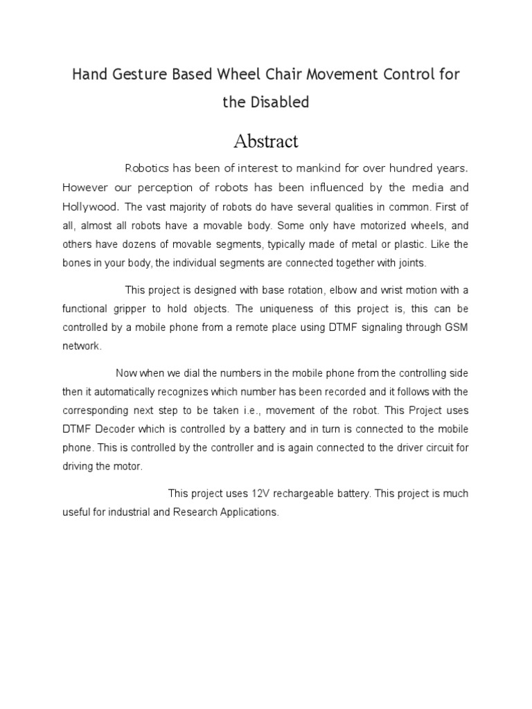 Hand Gesture Based Wheel Chair Movement Control For The Disabled | PDF