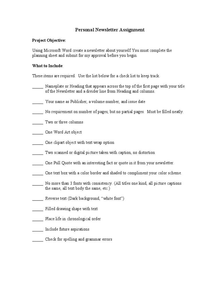 Personal Newsletter Assignment | PDF | Page Layout | Text