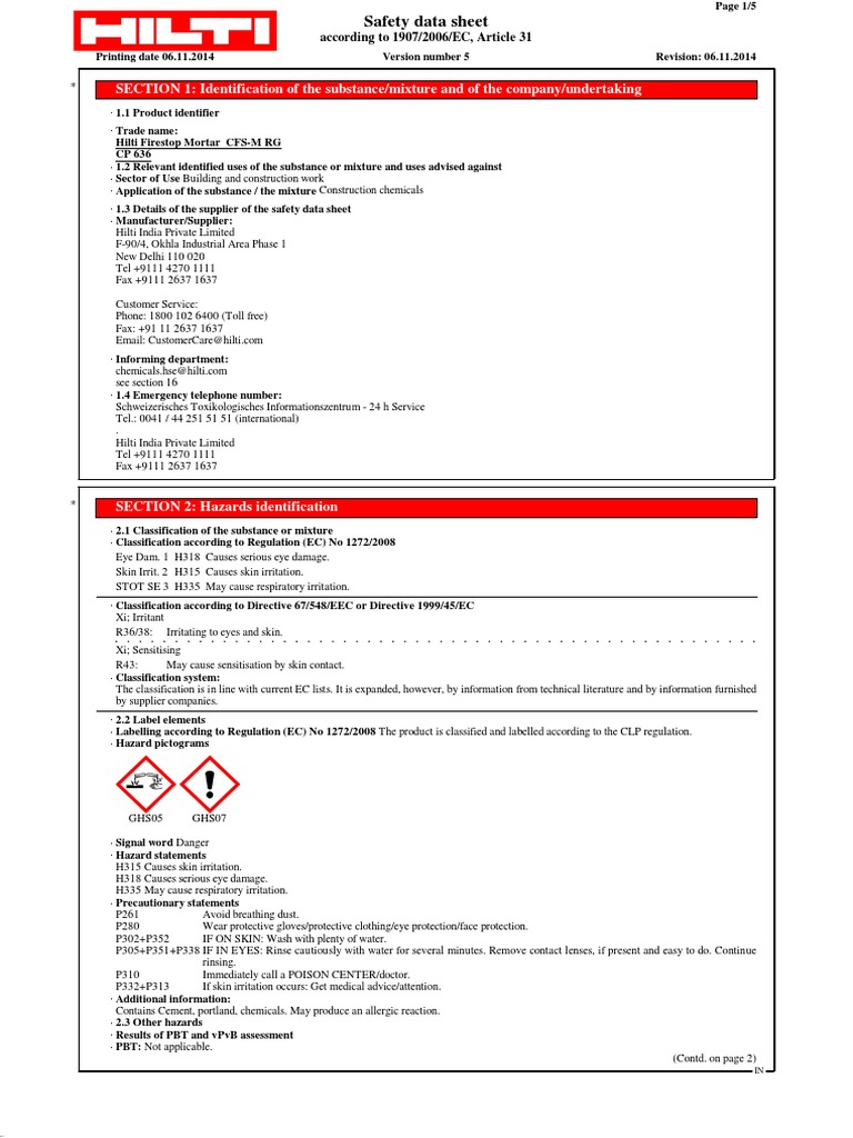 Msds Hilti Cp 636 | Dangerous Goods | Safety