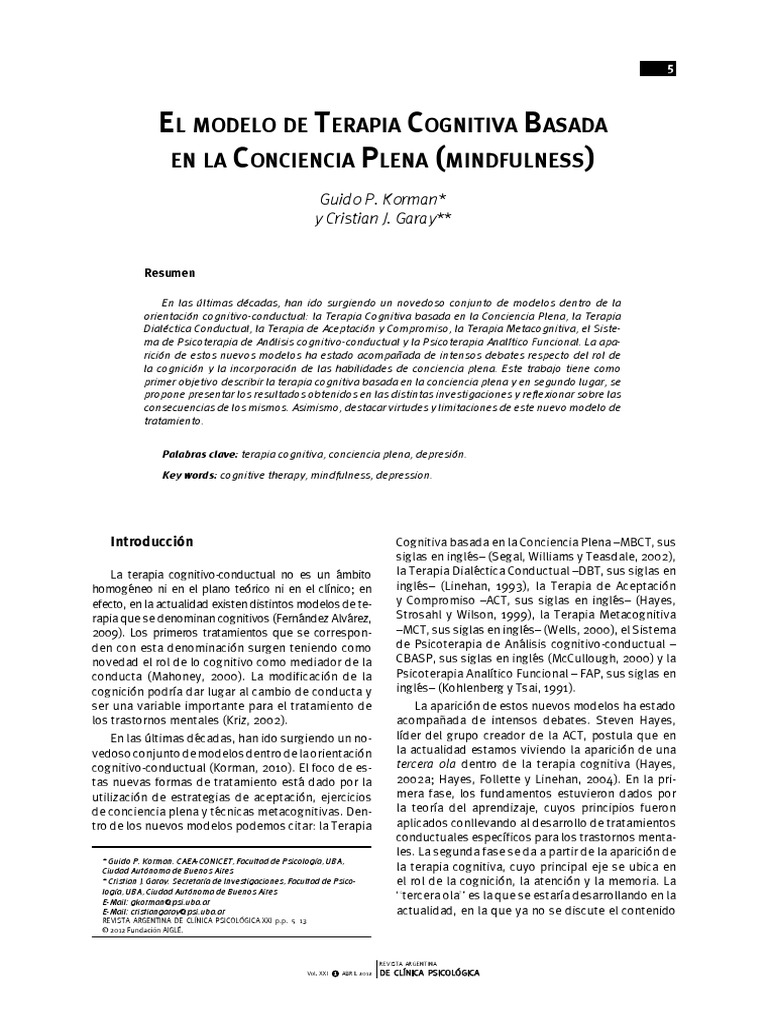 Terapia Congnitiva Basada en Conciencia Plena | PDF | Psicoterapia | Depresión (estado de ánimo)