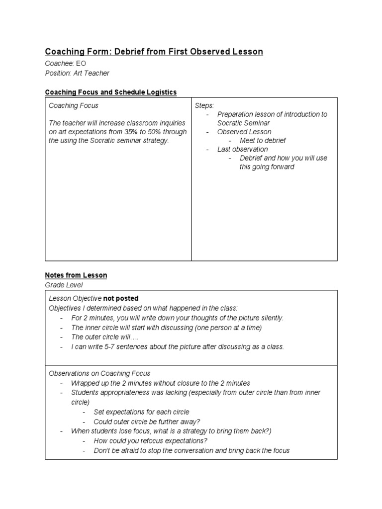Coaching Form: Debrief From First Observed Lesson: Coaching Focus and ...