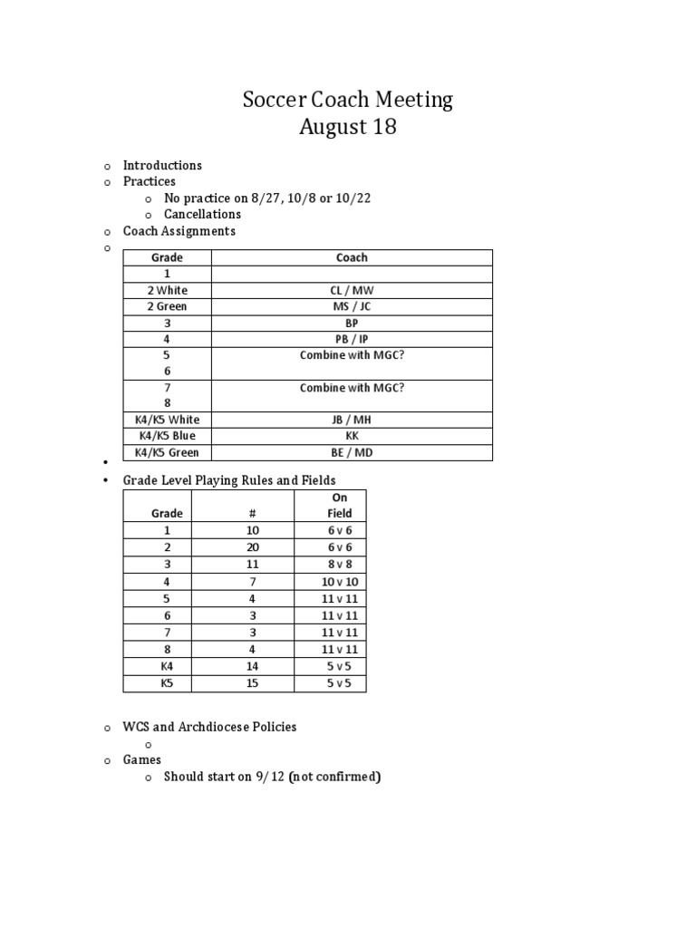 Soccer Coach Meeting Agenda and Details | PDF