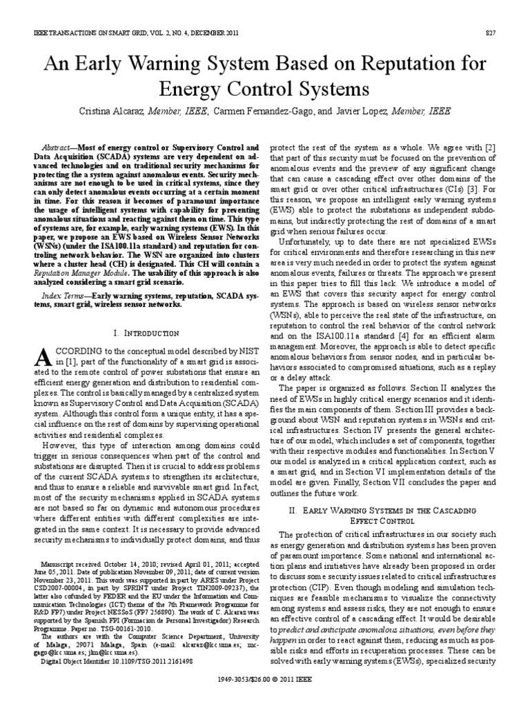 An Early Warning System Based On Reputation For Energy Control Systems