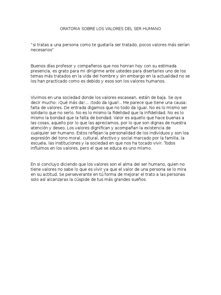 Oratoria Sobre Los Valores Del Ser Humano | PDF