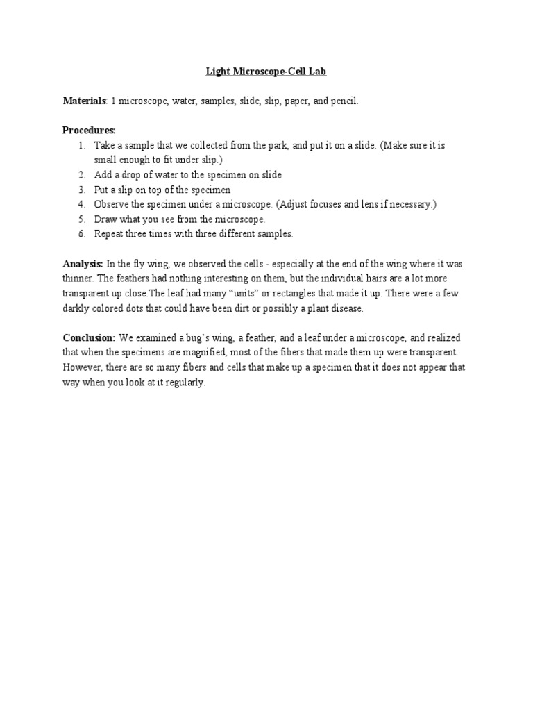 Light Microscope-Cell Lab Materials Procedures | PDF