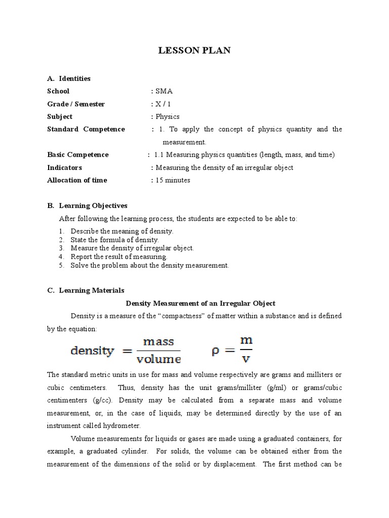 Lesson Plan Density | PDF | Density | Volume